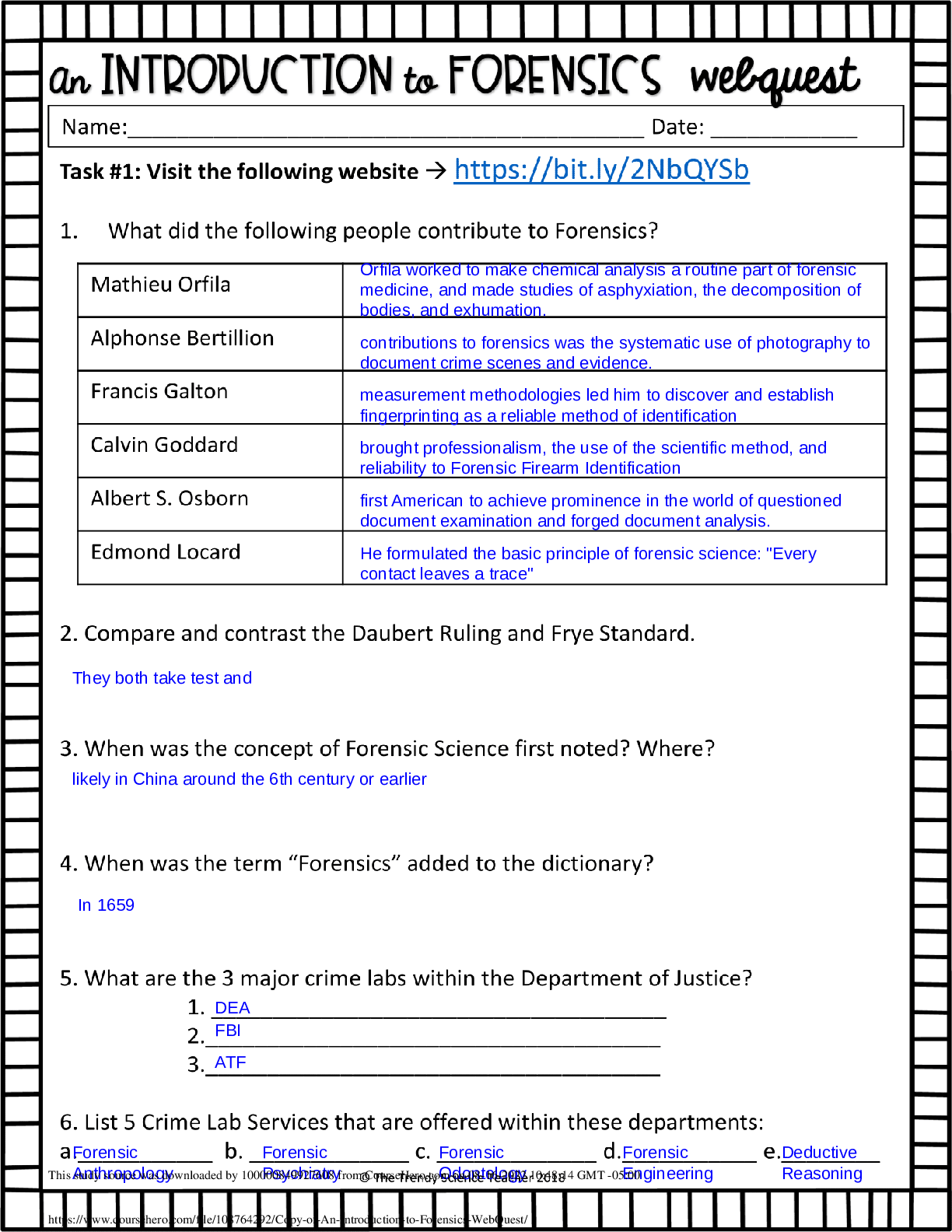 An Introduction to Forensics WebQuest. Questions and Answers. - Scholarfriends